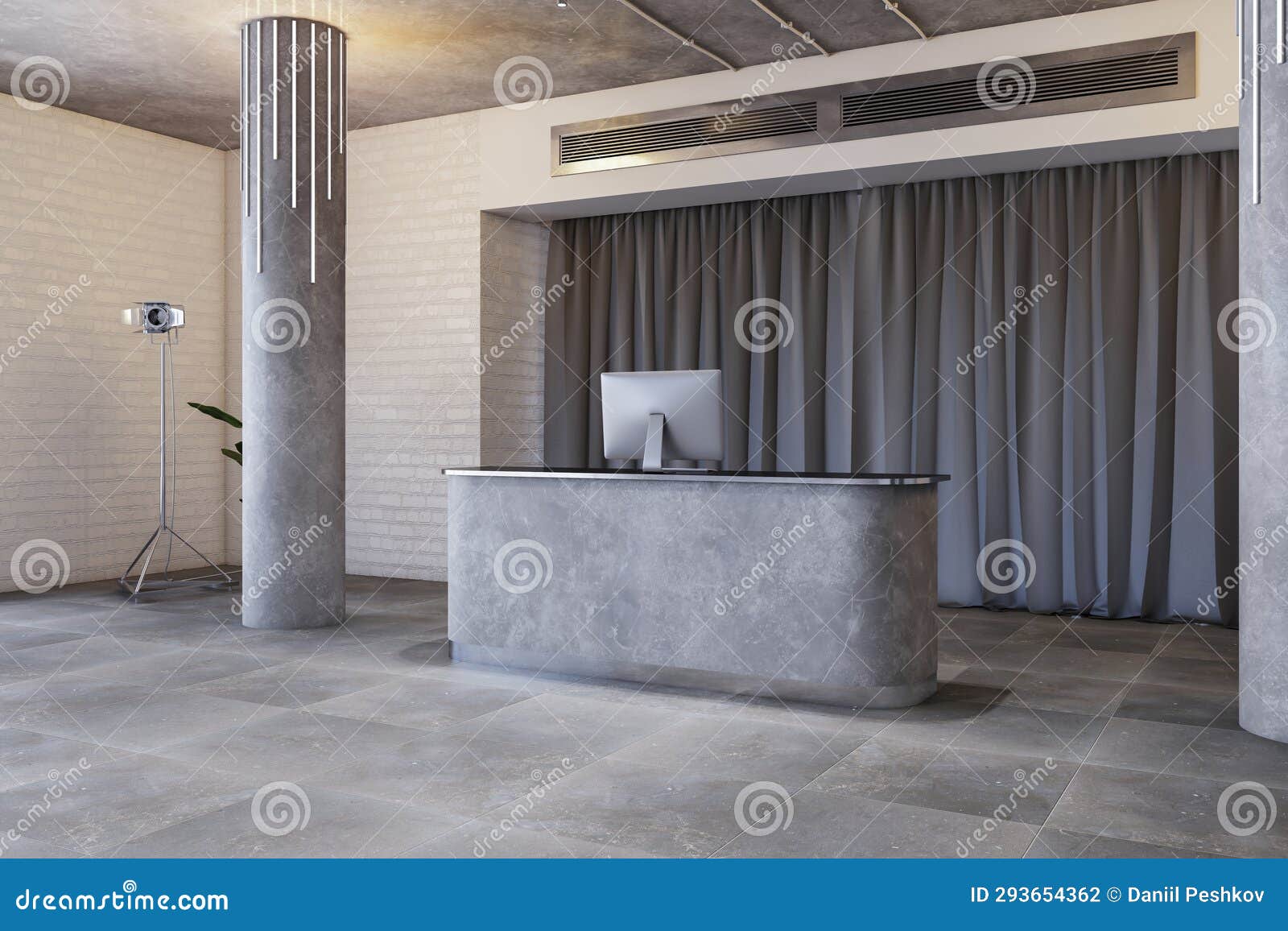 Contemporary Office Interior with Reception Desk, Columns, Curtain and ...