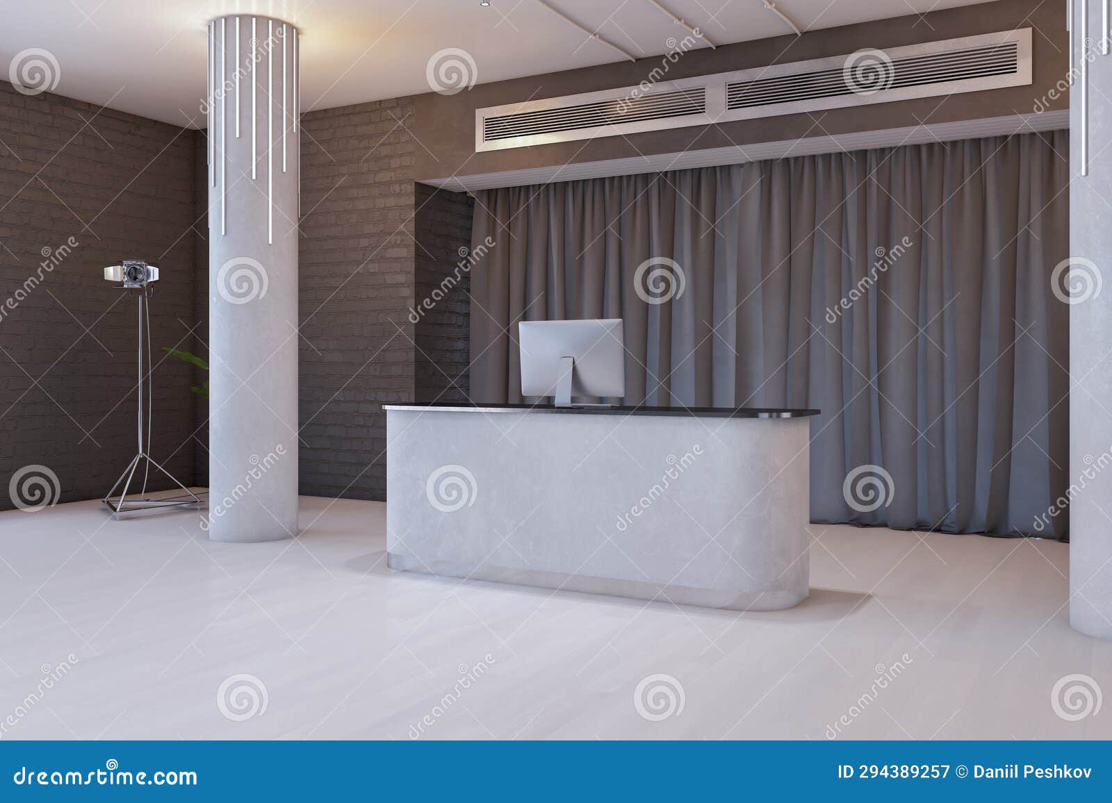 Contemporary Office Interior with Reception Desk, Columns, Curtain and ...