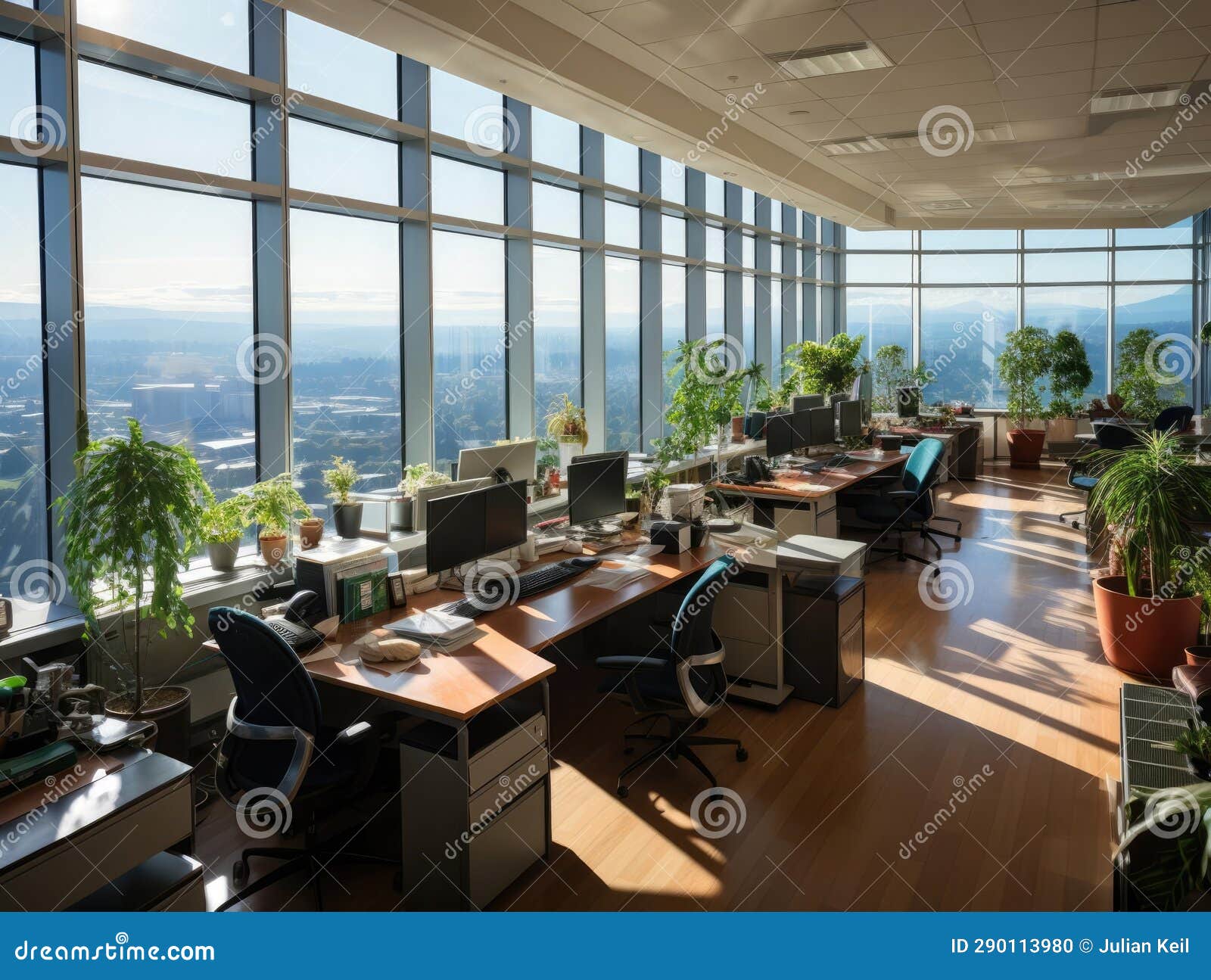 Contemporary Office Interiors Elevated Perspective Camera Shot Stock ...