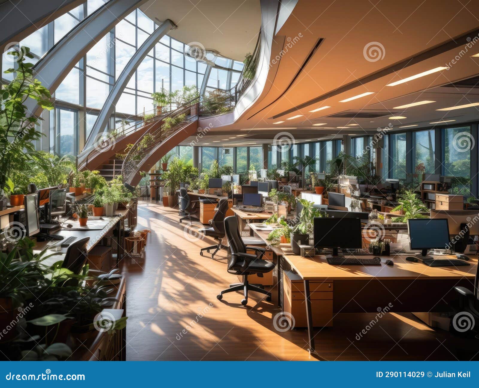 Contemporary Office Interiors Elevated Perspective Camera Shot Stock ...