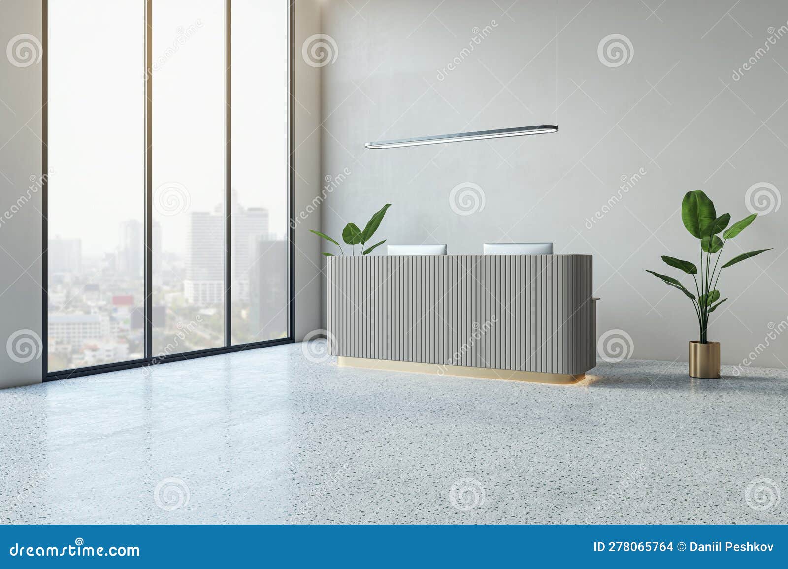 Contemporary Office Lobby with Reception Desk, Window with City View ...