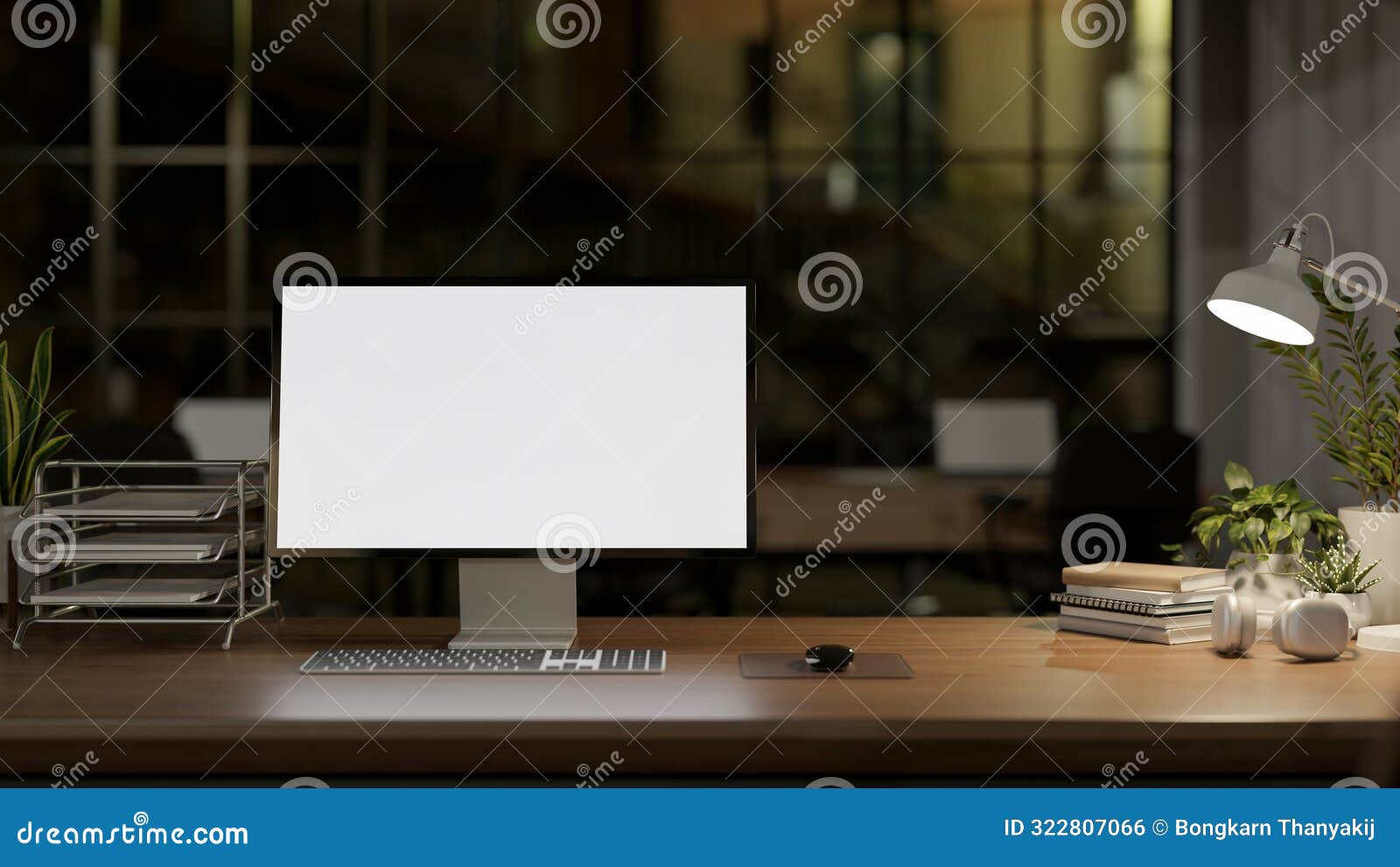 A Contemporary Office at Night Features a PC Computer Mockup and a Dim ...