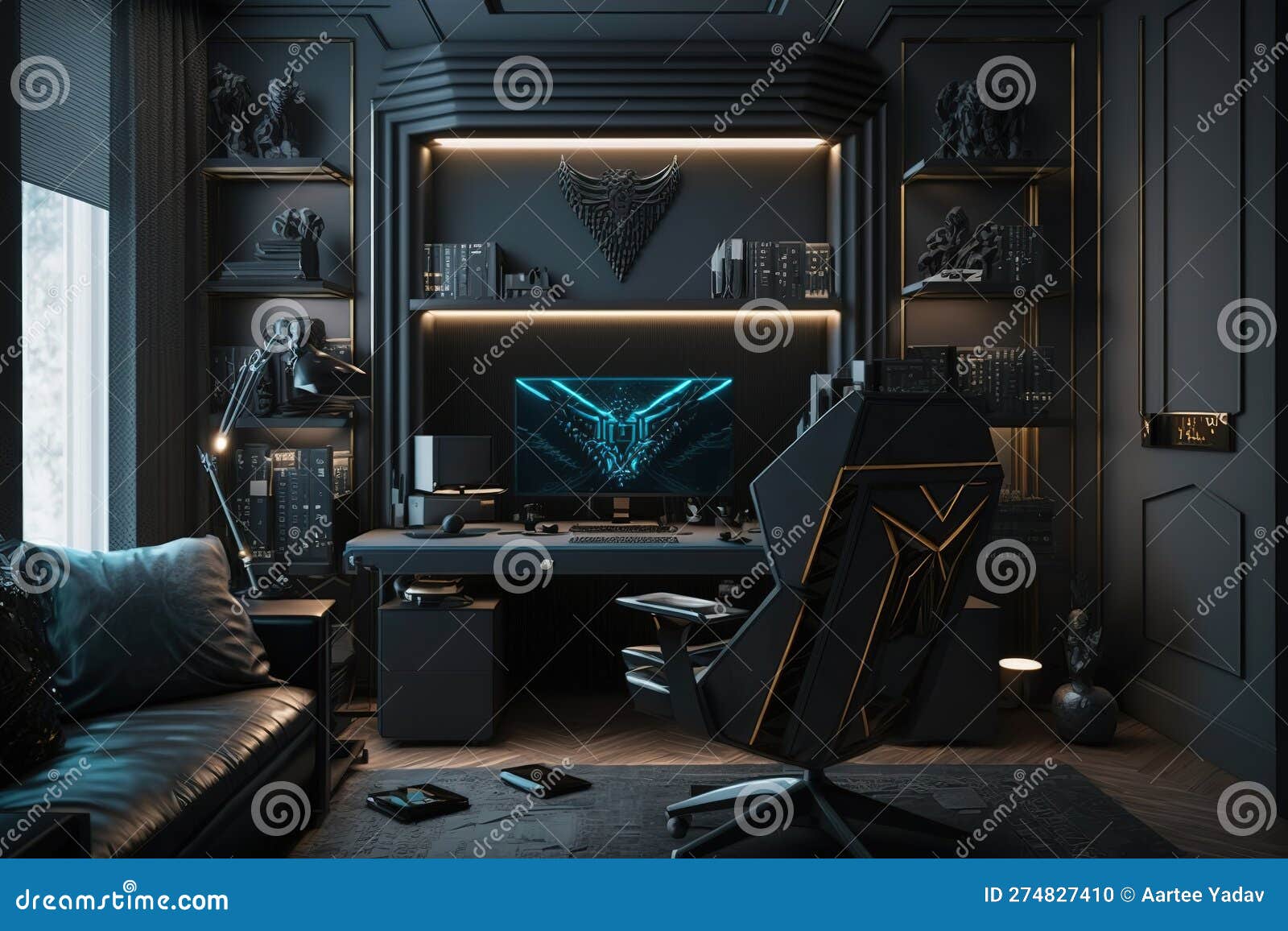 Contemporary Office Room Interior with Computer. Minimalistic Concrete ...