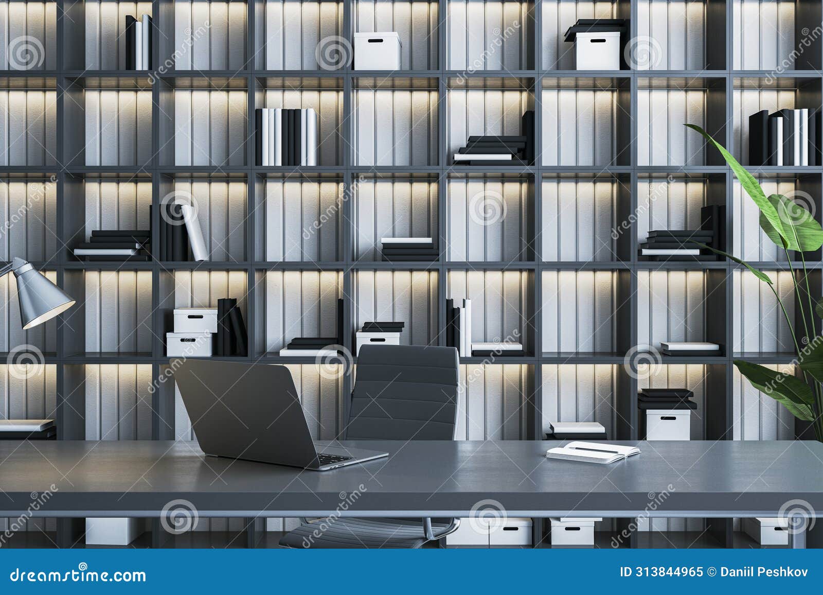 Contemporary Office with Shelves or Library Interior with Workplace ...