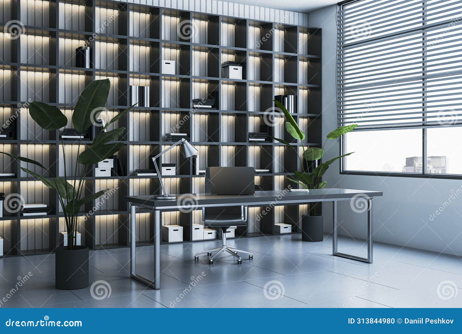 Contemporary Office with Shelves or Library Interior with Workplace ...