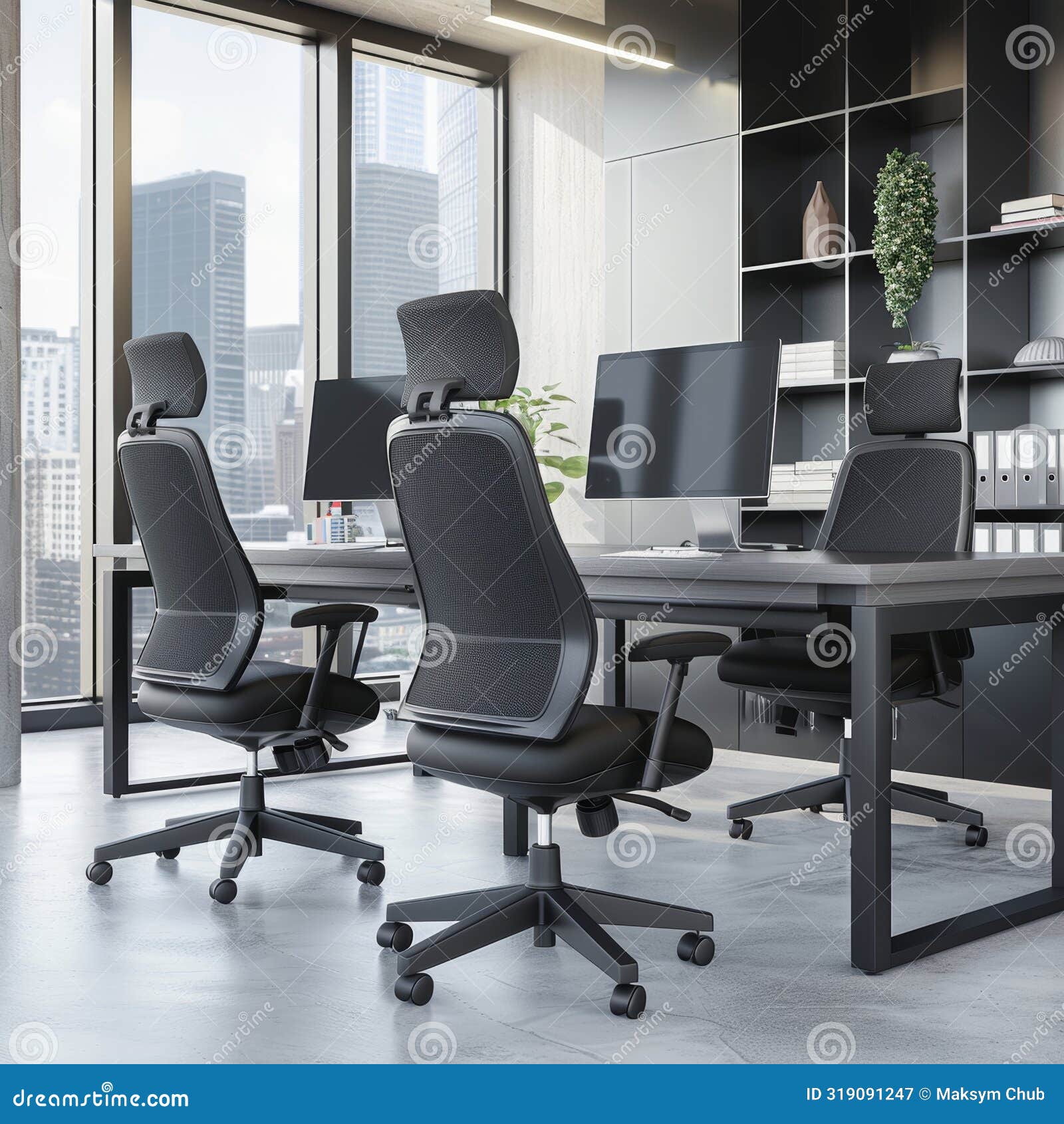 Contemporary Office Space with Tall Windows and Movable Chairs for ...