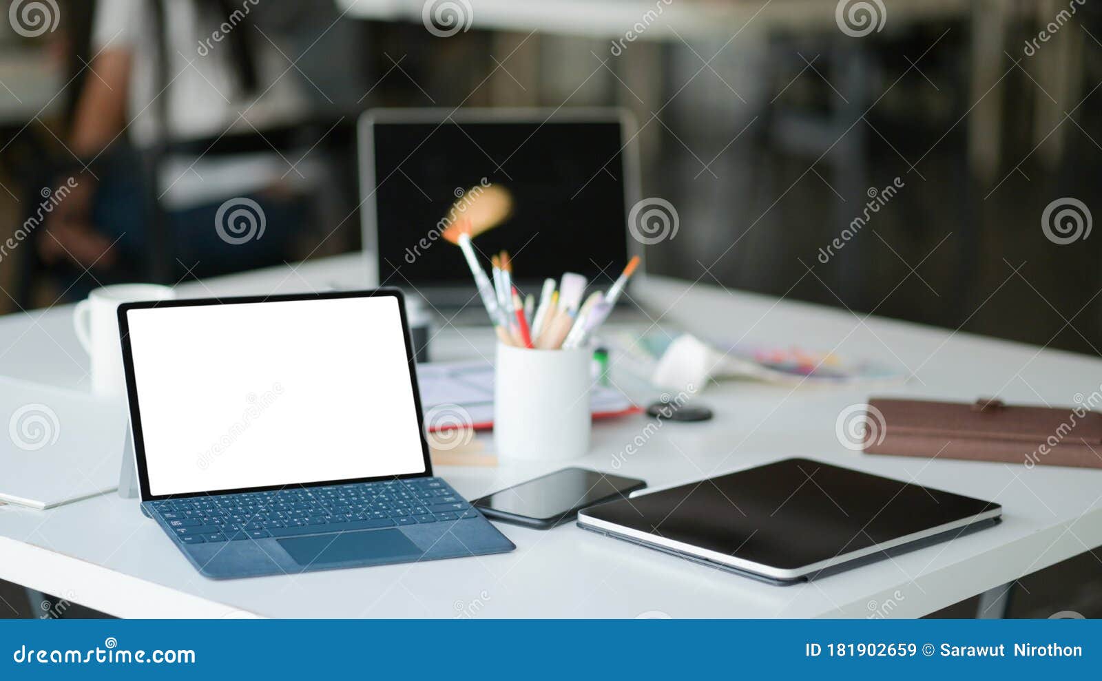 Contemporary Public Workplaces with Laptops and Office Equipment Stock ...