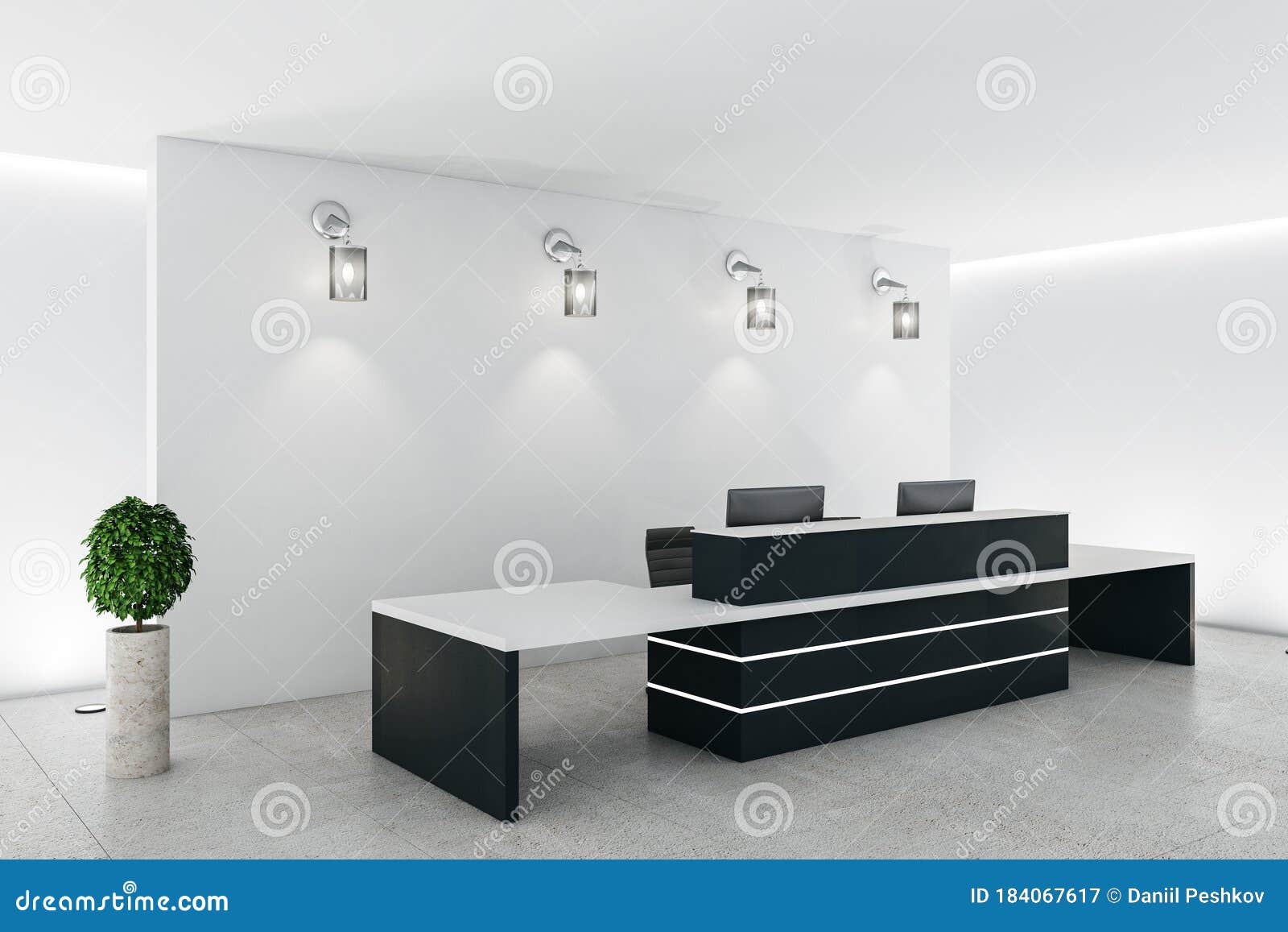 Contemporary Reception Table with Two Computers and Plant Stock ...