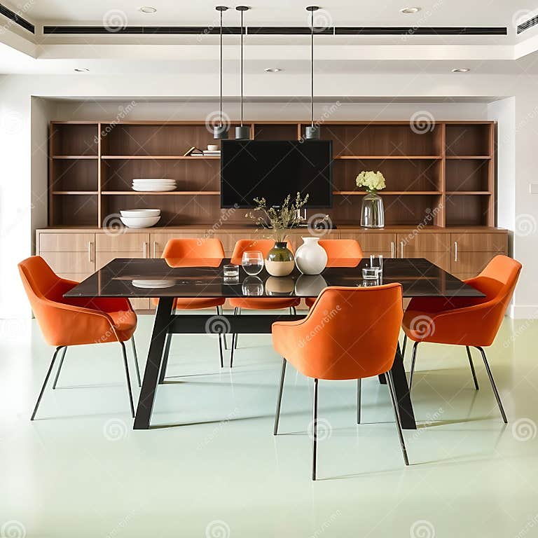 A Contemporary Rectangular Dining Table with Orange Chairs, Set on ...
