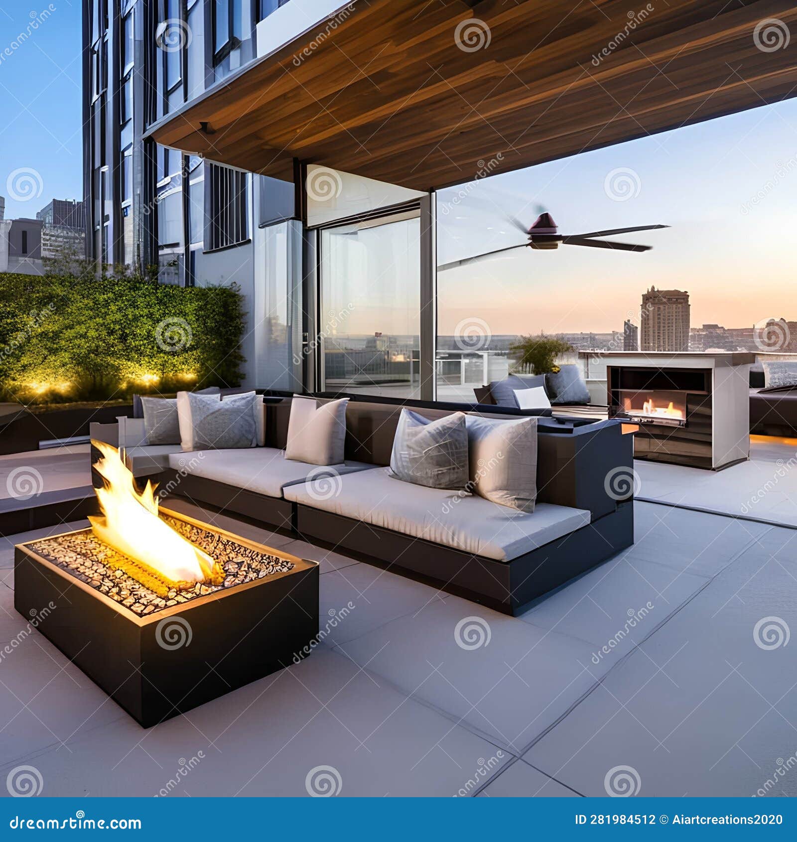A Contemporary Rooftop Terrace with Comfortable Seating, a Fire Pit ...
