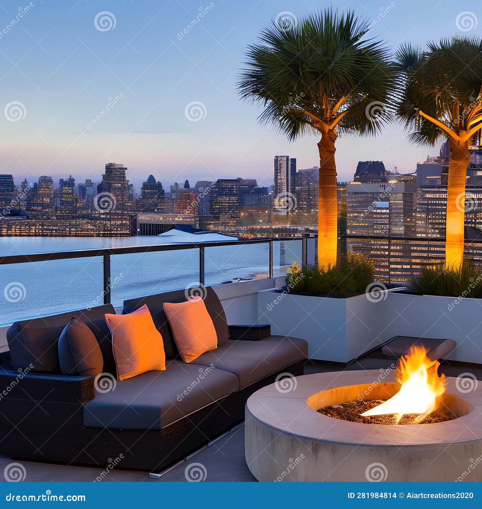A Contemporary Rooftop Terrace With Outdoor Seating, A Fire Pit, And ...