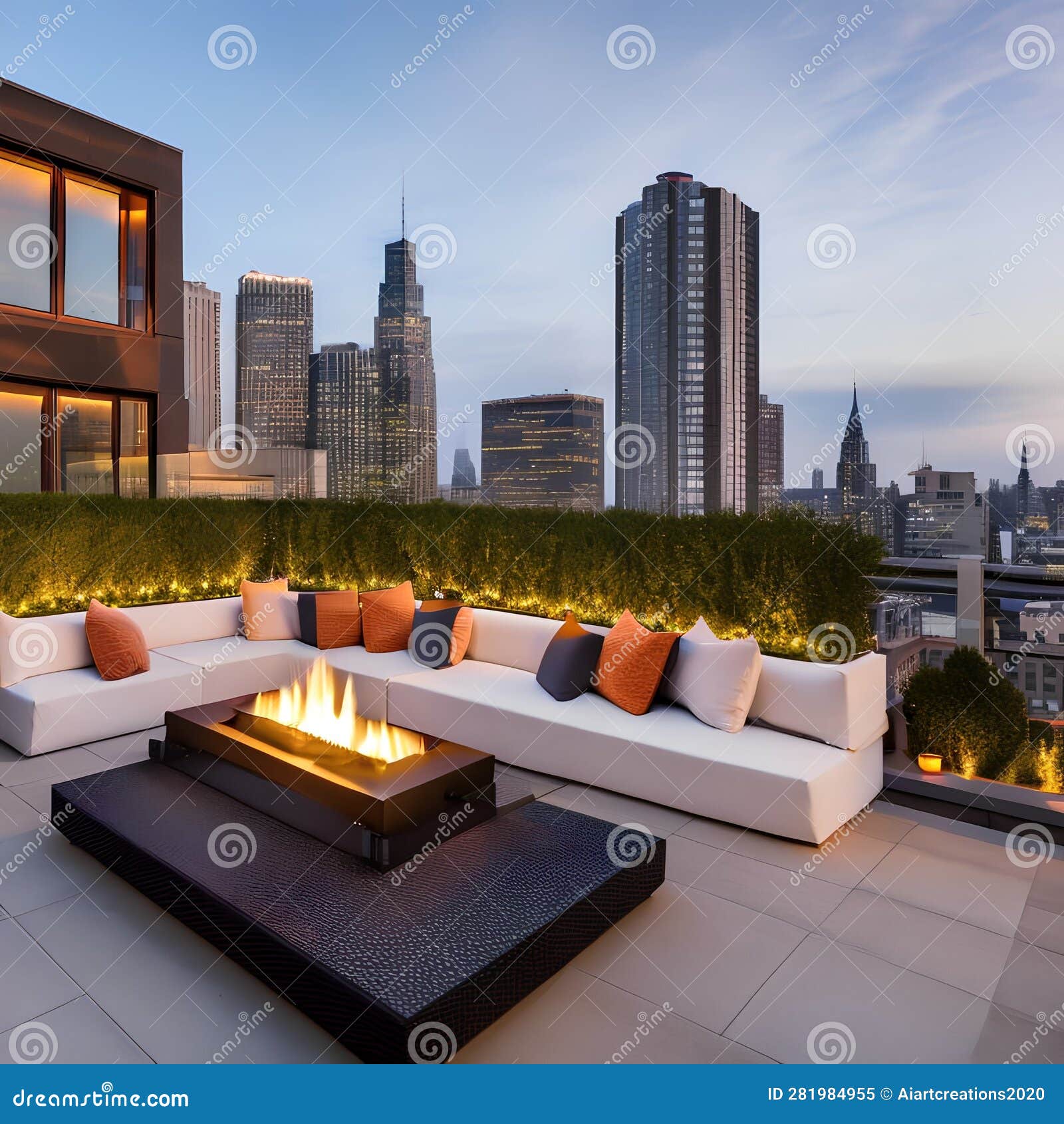 A Contemporary Rooftop Terrace With Outdoor Seating, A Fire Pit, And ...