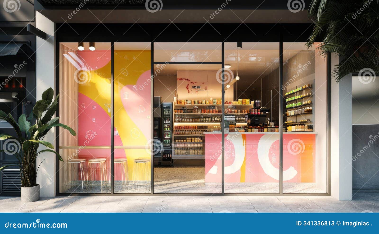 A Contemporary Store Front with Pink and Yellow Abstract Art Stock ...