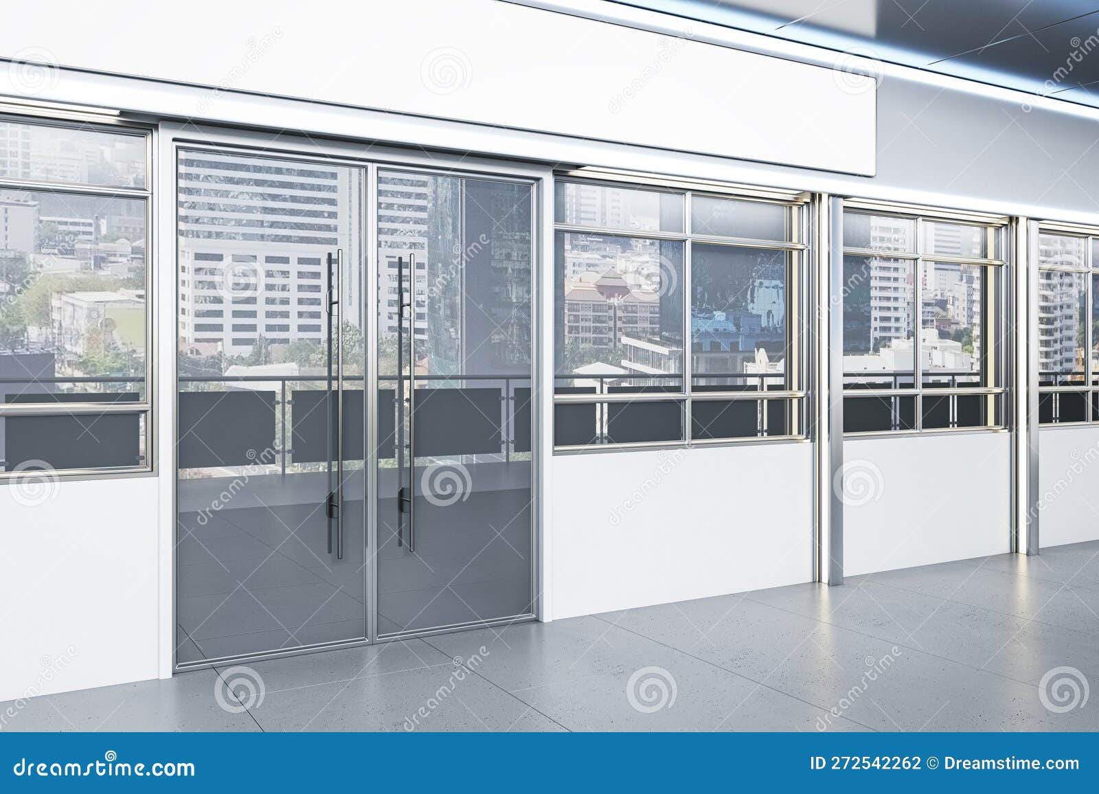 Contemporary Storefront with Empty White Wide Mock Up Banner and City ...