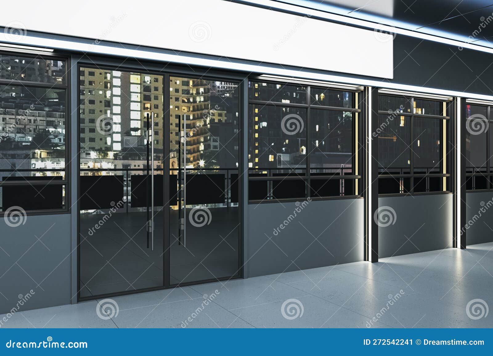 Contemporary Storefront with Empty Wide Mock Up Banner and Night City ...