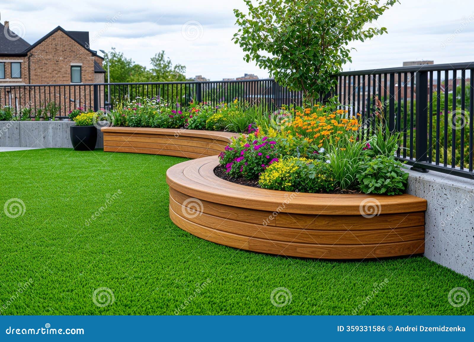 Contemporary Structure Featuring a Wooden Bench and Park in a Rooftop ...