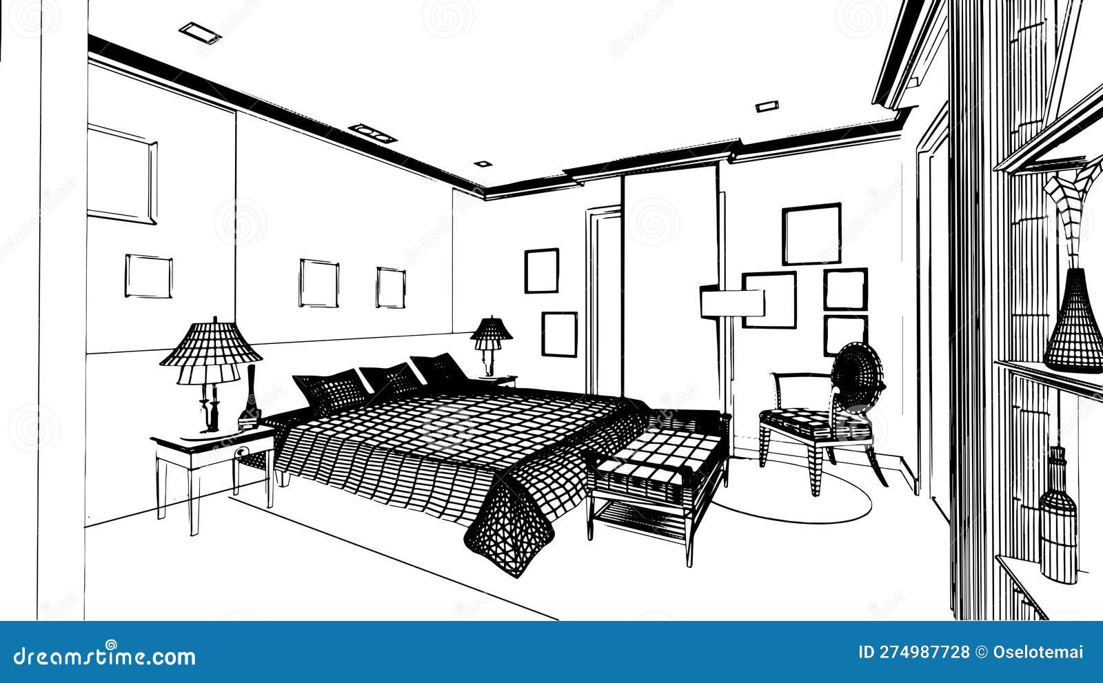 Contemporary Style Bedroom Drawings,3d Rendering Stock Vector ...
