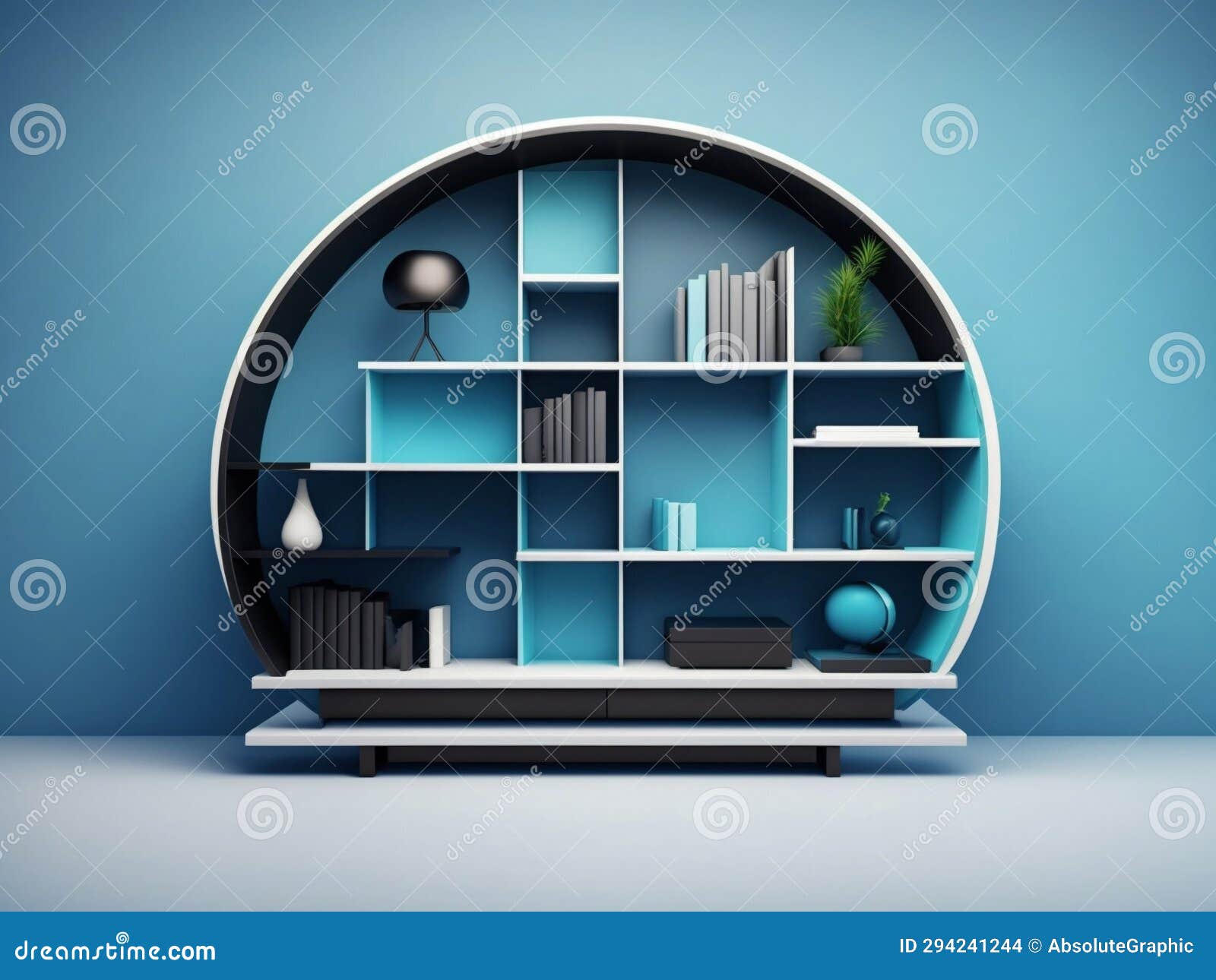 Blue and Black Color Rounded Shelf Isolated on Blue Gradient Background ...