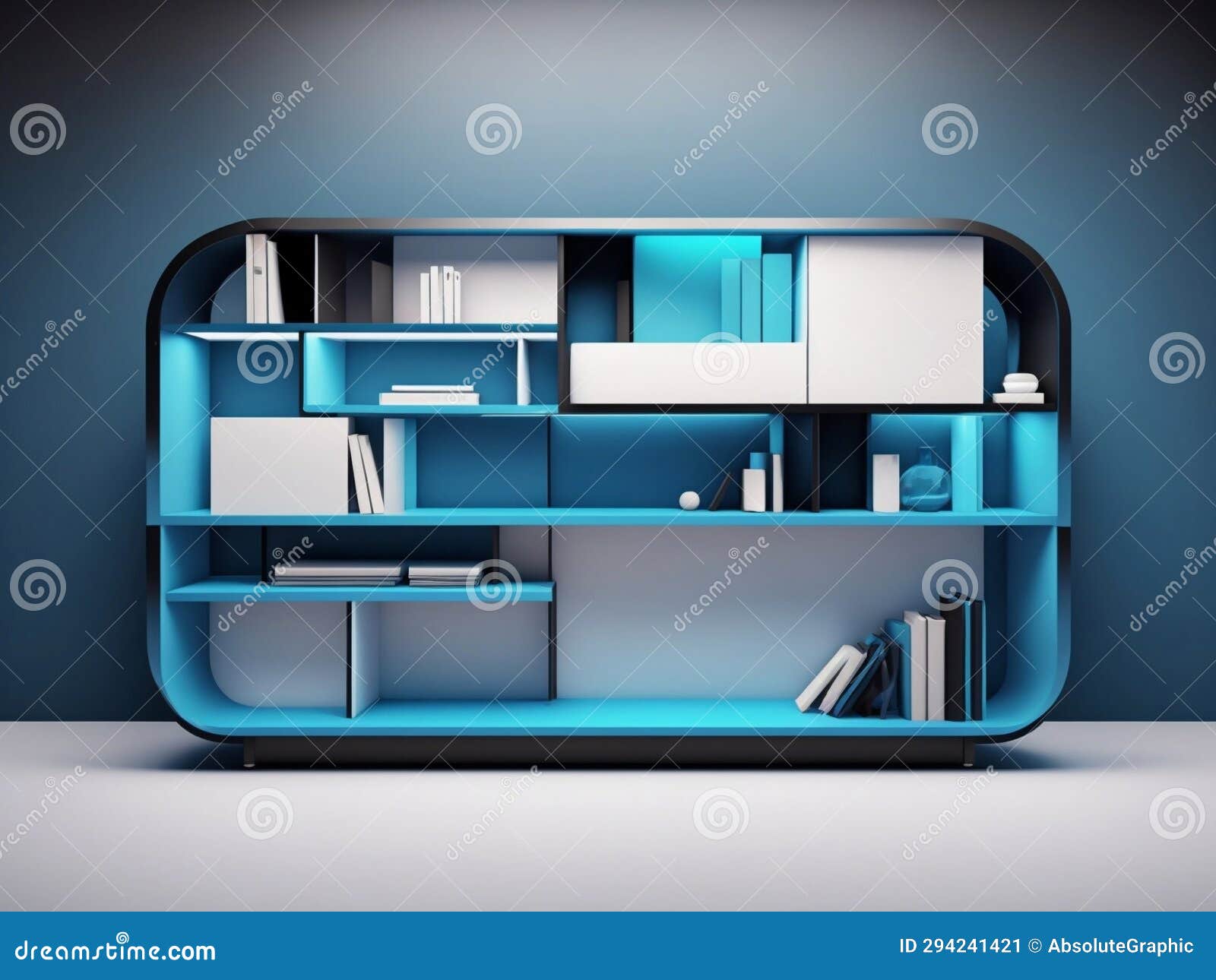Black and Blue Color Square Shaped Bookshelf with Books Isolated on ...
