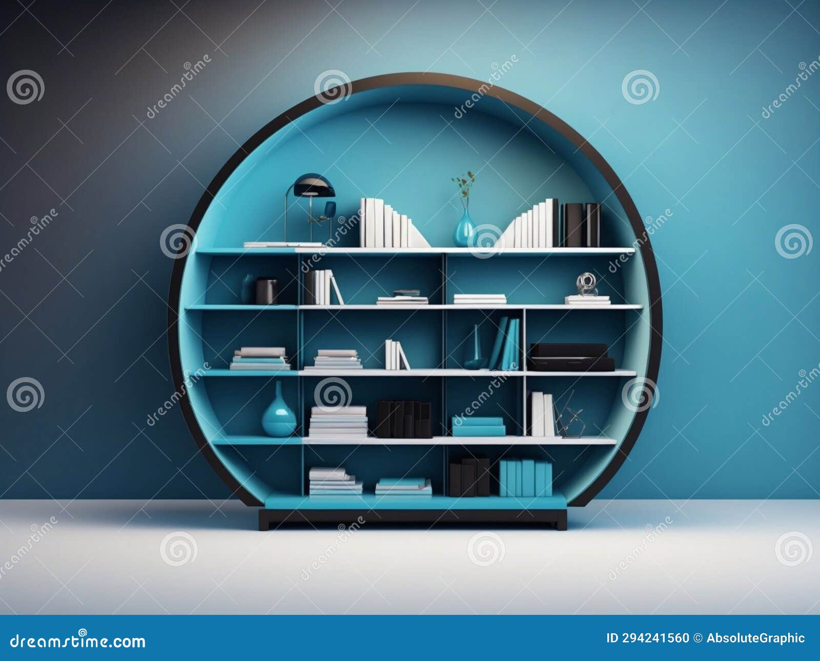 Blue and Black Color Bookshelf with Books Isolated on Blue Background ...