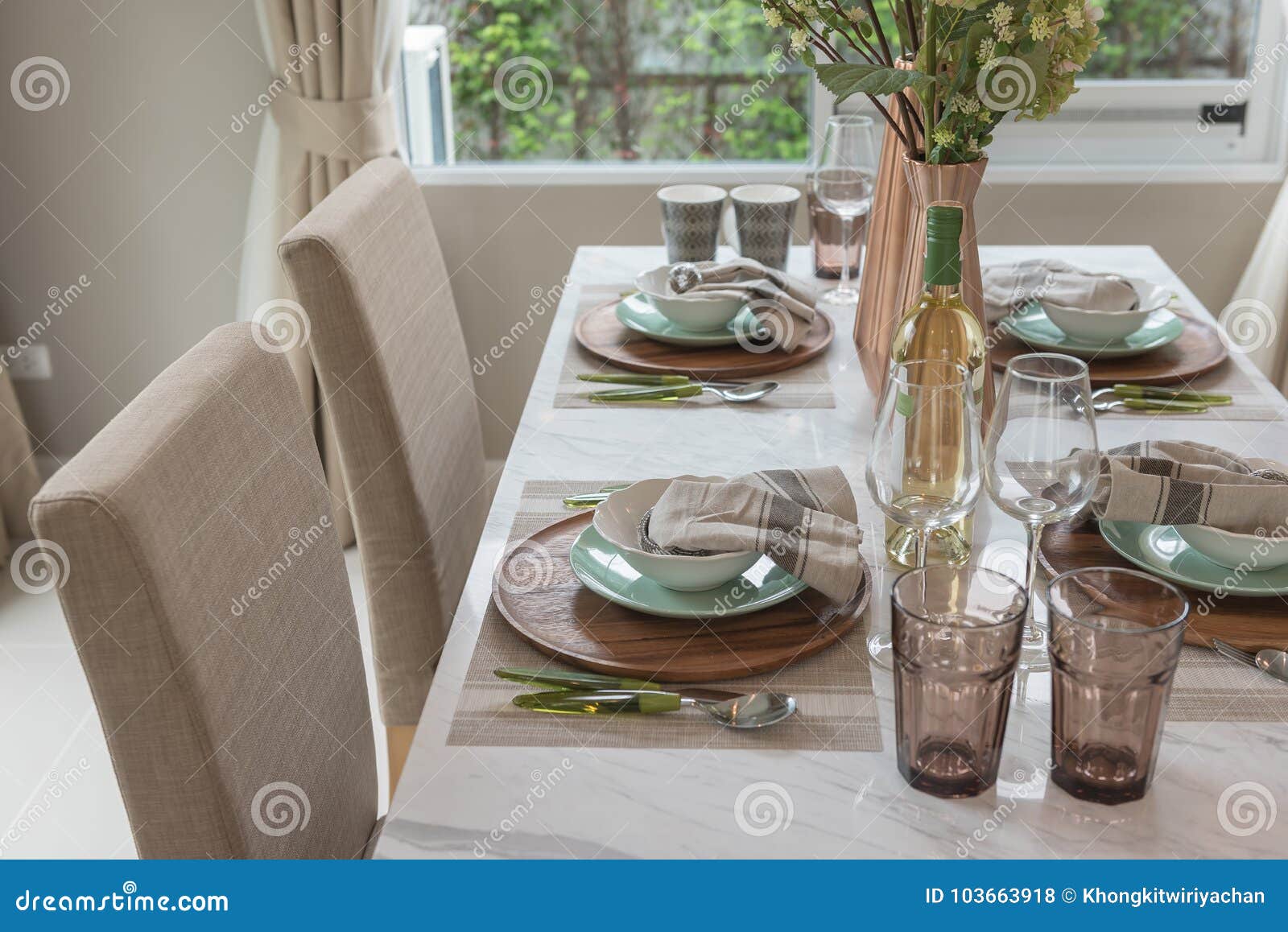 Contemporary Style Dining Room with Table Set Stock Photo - Image of ...