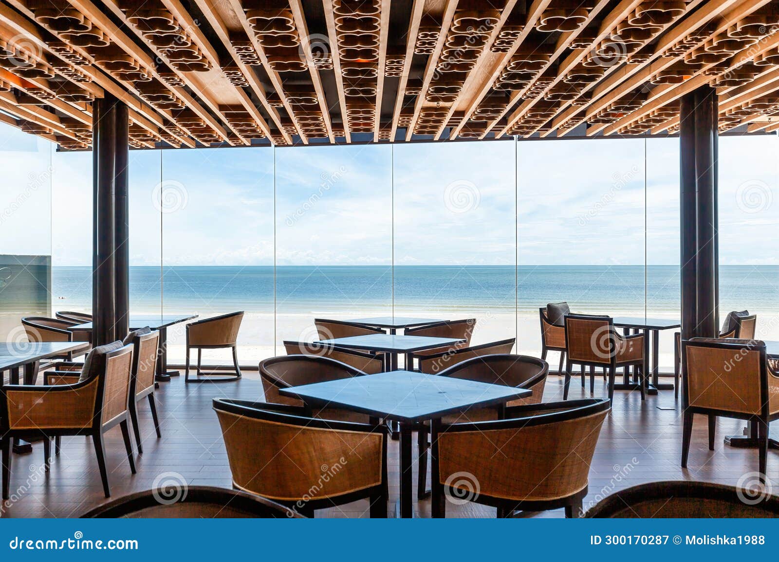 Contemporary Waterfront Cafe Interior with Ocean Stock Image - Image of ...