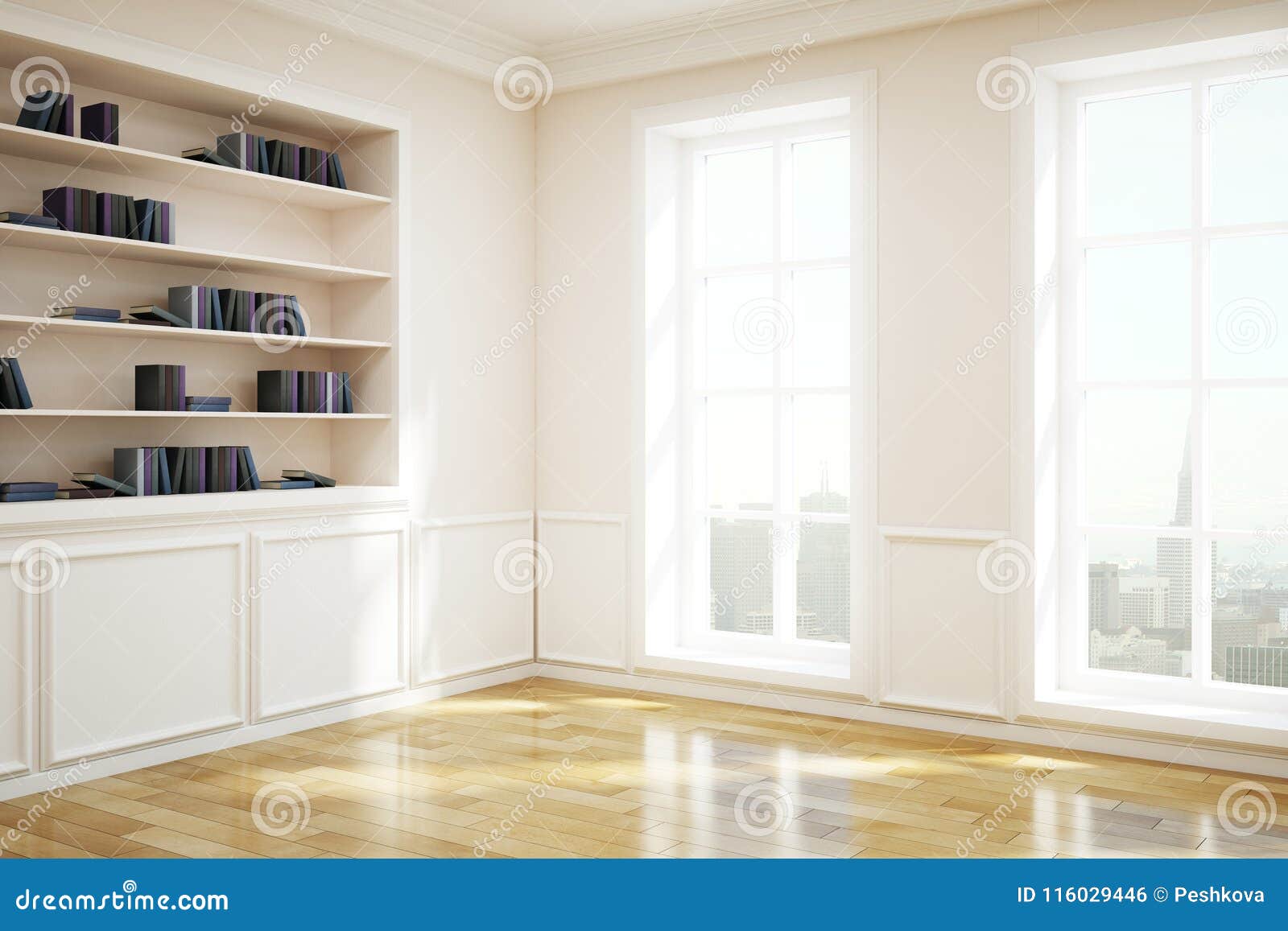 Contemporary White Library Interior Stock Illustration - Illustration ...