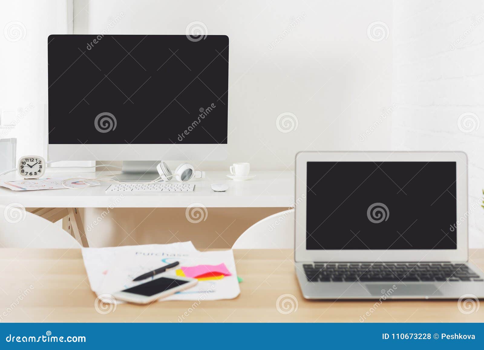 Contemporary Workplace with Clean Computer Screen Stock Photo - Image ...