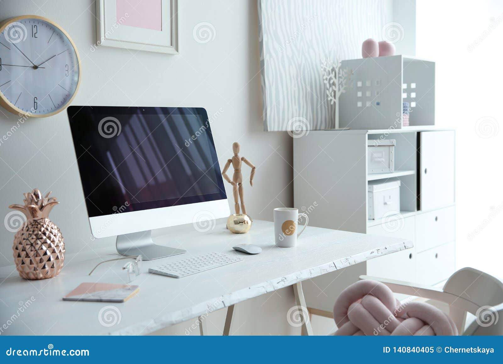 Contemporary Workplace with Computer on Table Near White Wall. Stock ...