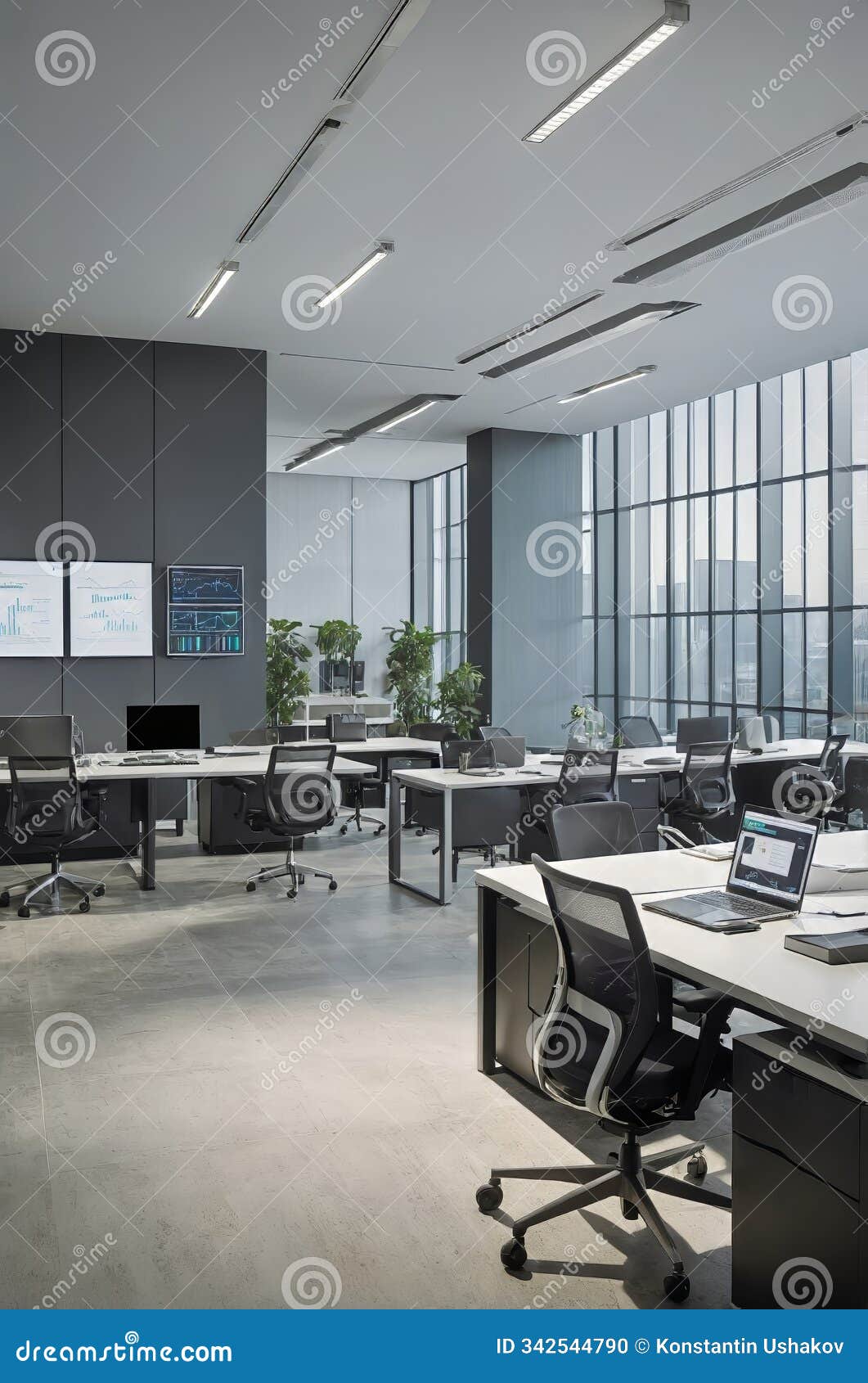 Contemporary Workspace with Desks, Computers, and Charts Stock Photo ...