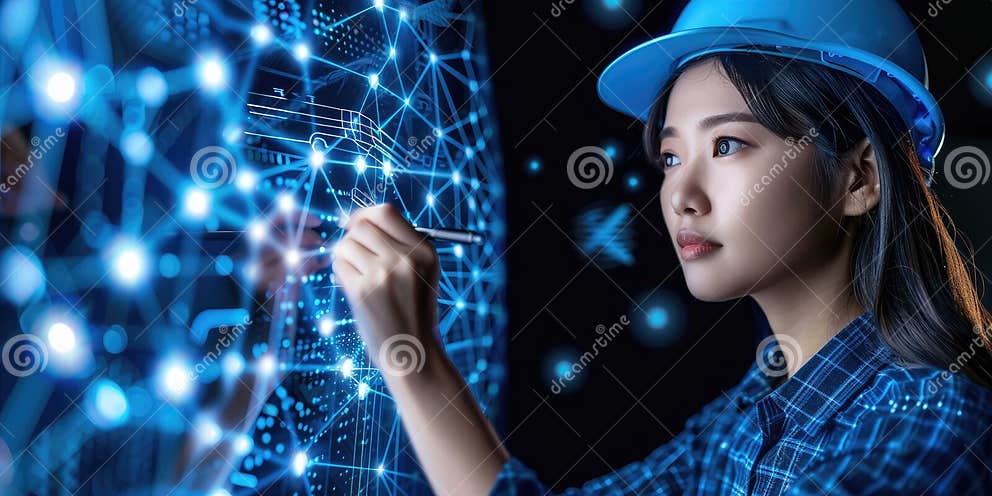 Engineer Creating Innovative Digital Blueprints in a Modern Workspace Stock Illustration ...