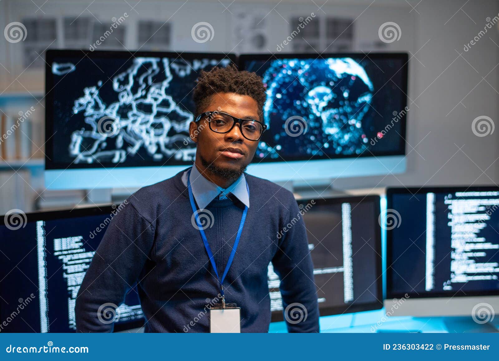 Contemporary Young Programmer Standing by Workplace Stock Photo - Image ...