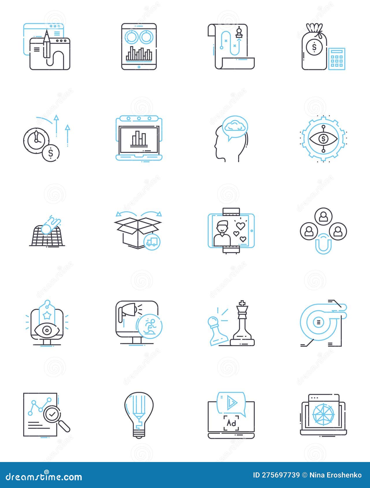 Content Advertising Linear Icons Set. Engagement, Visibility, Strategy ...