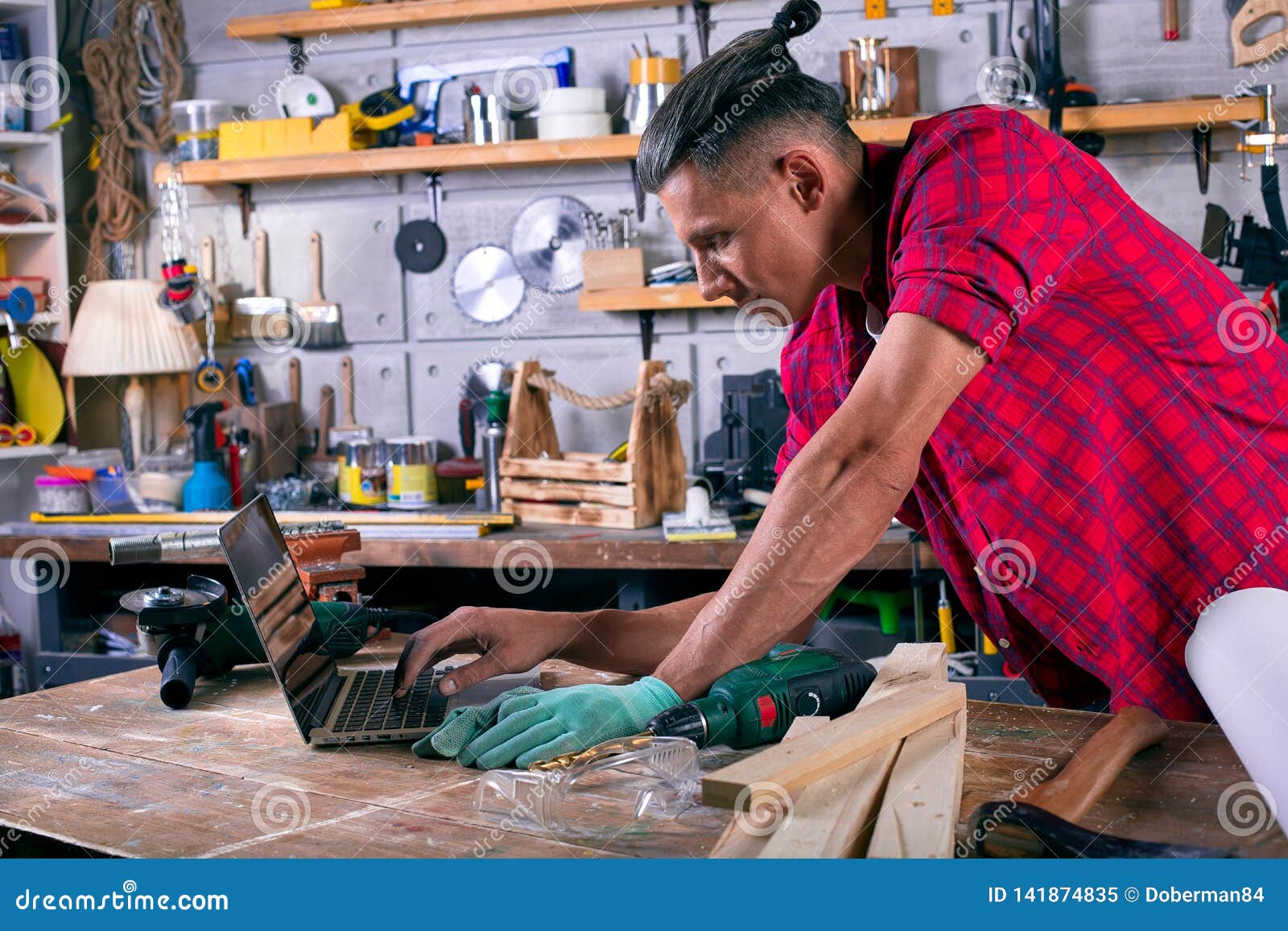 Worker at His Workplace Work with Notebook while and Standing at ...