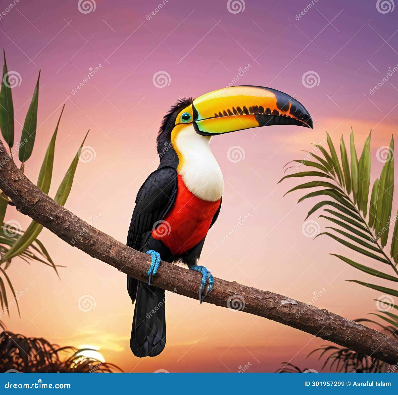 A Digital Artwork of a Vibrant Toucan Perched on a Tropical Tree Branch ...