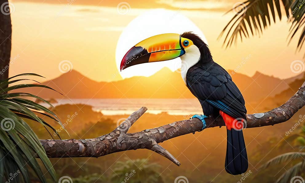 A Digital Artwork of a Vibrant Toucan Perched on a Tropical Tree Branch ...