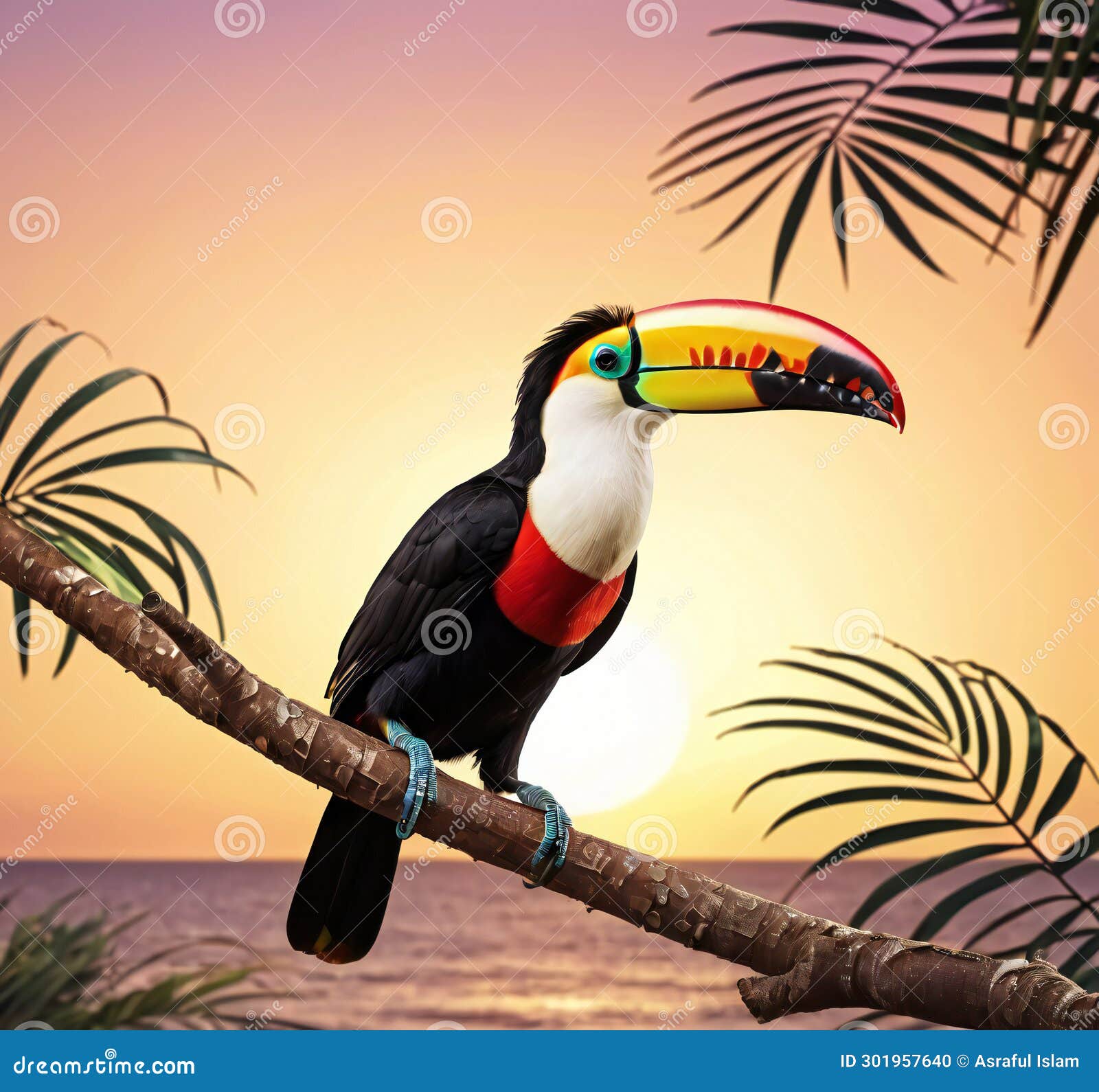 A Digital Artwork of a Vibrant Toucan Perched on a Tropical Tree Branch ...