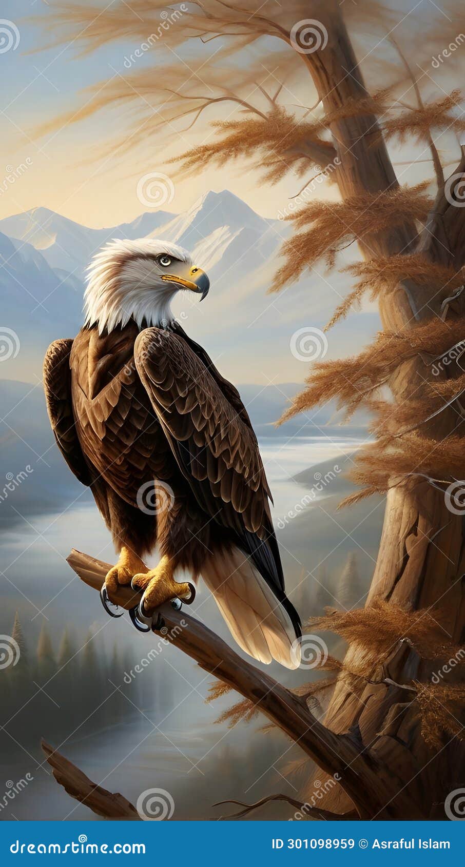 A Majestic Young Eagle Perched Atop a Lofty Tree Branch Stock ...