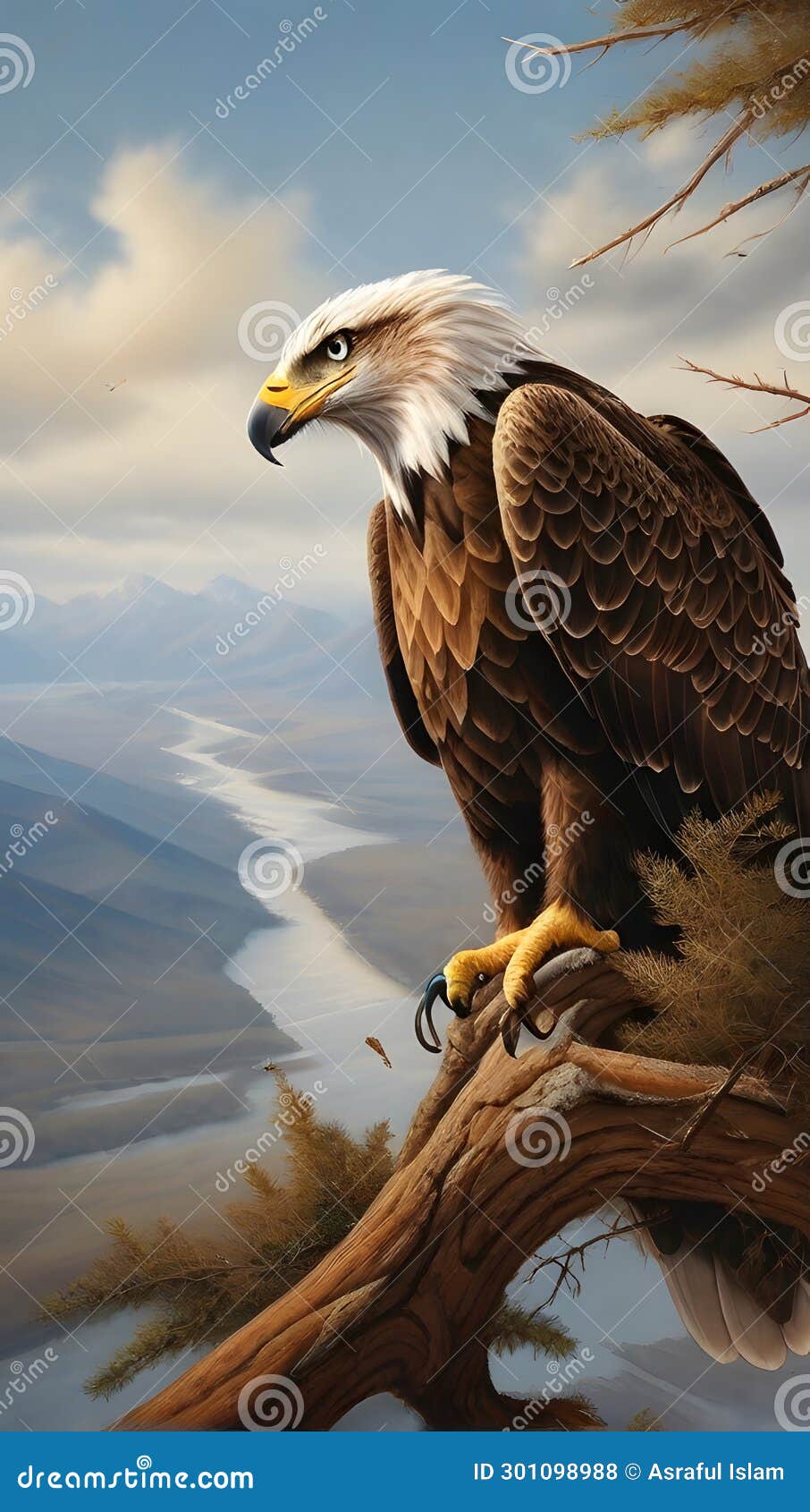 A Majestic Young Eagle Perched Atop a Lofty Tree Branch Stock ...