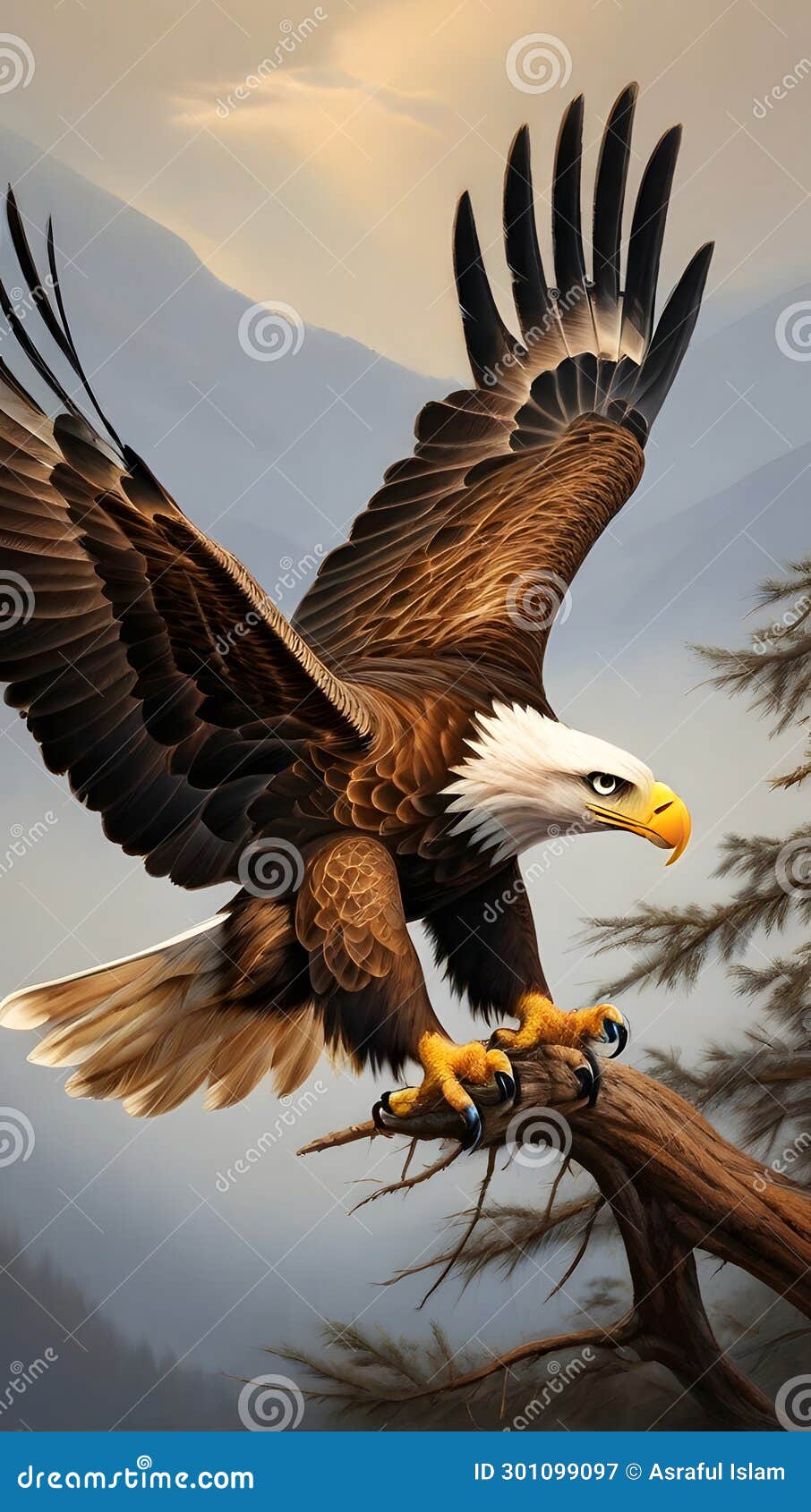 A Majestic Young Eagle Perched Atop a Lofty Tree Branch Stock ...