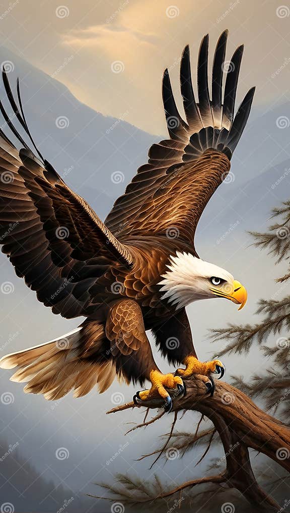 A Majestic Young Eagle Perched Atop a Lofty Tree Branch Stock ...