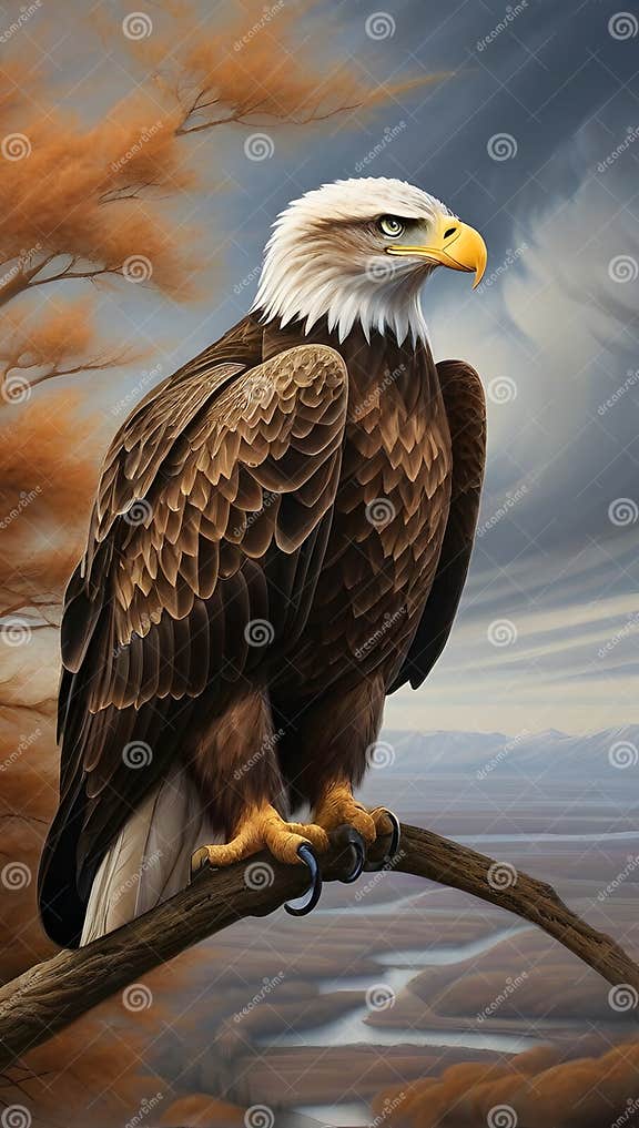 A Majestic Young Eagle Perched Atop a Lofty Tree Branch Stock ...