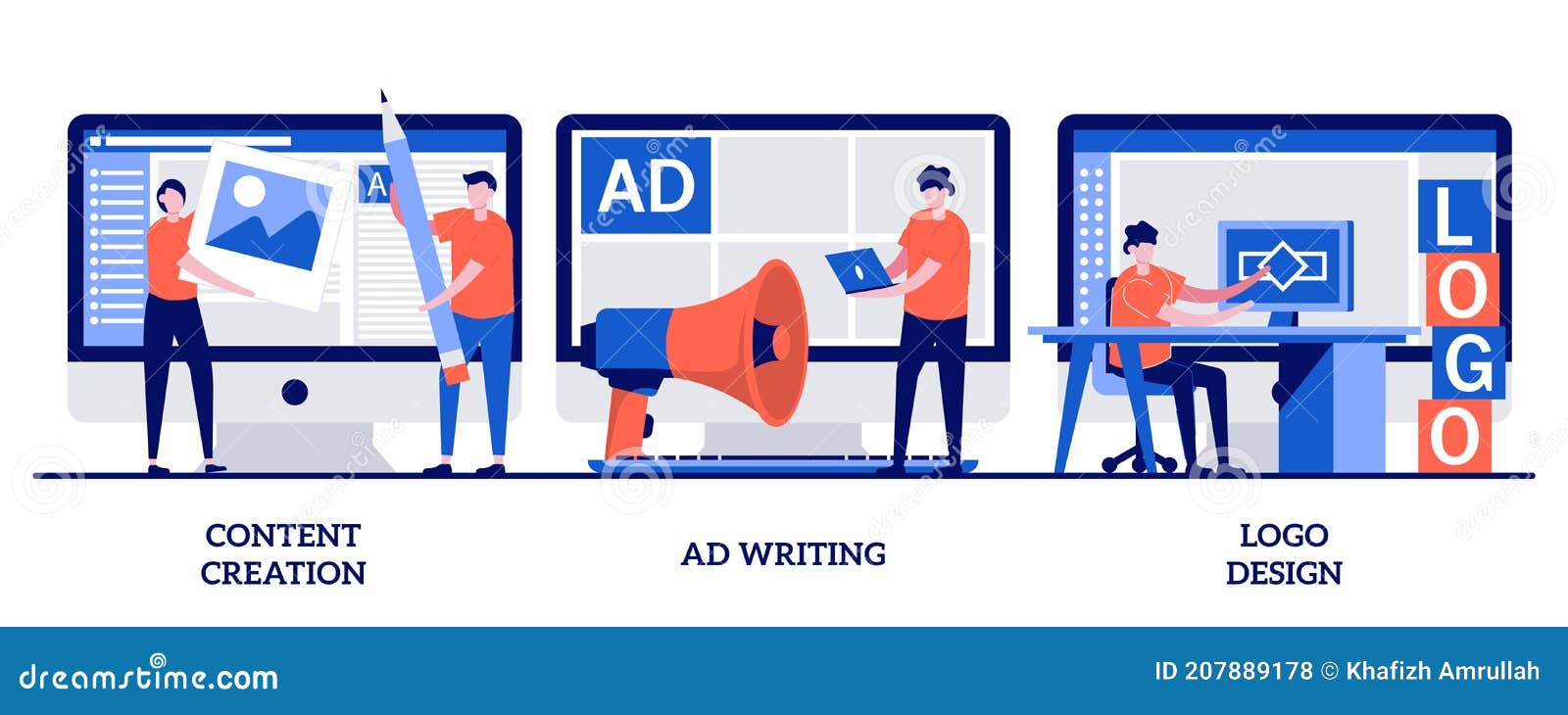 Content Creation, Ad Writing, Logo Design Concept with Tiny People ...