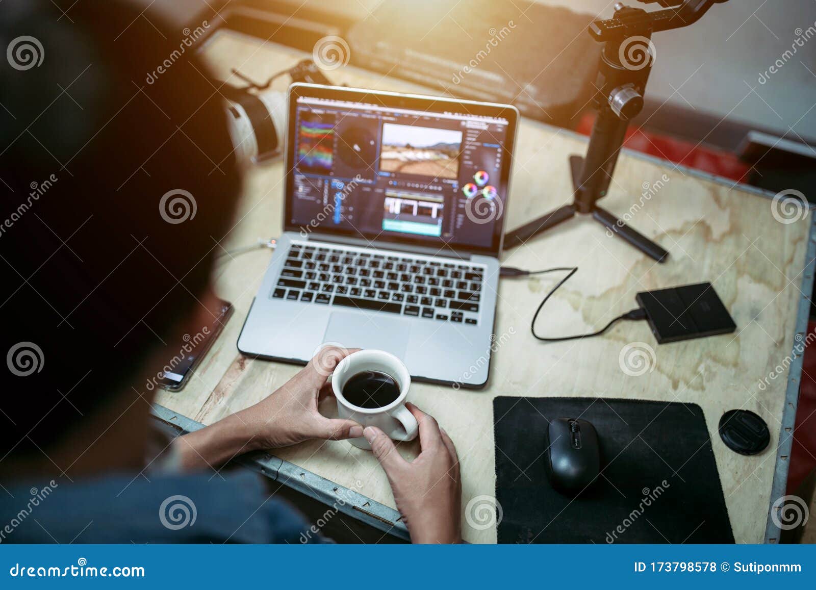 Content Creator Desk and Equipment Coffee Cup and a Laptop External ...