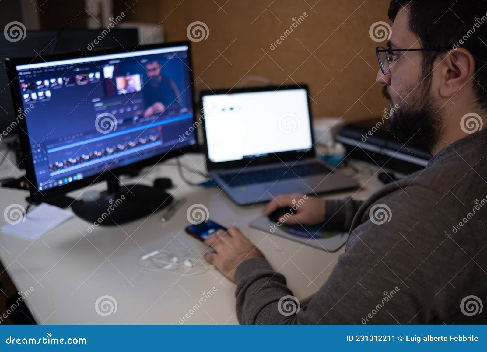 Content Creator Editing His Video Stock Image - Image of podcast ...