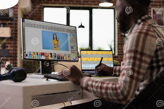 Content Creator Editing Picture with Retoucher Software Stock Image ...