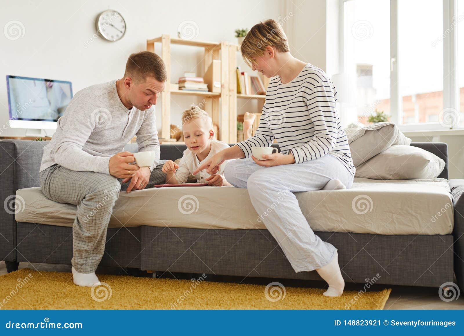 Boy Using Learning App with Parents Stock Image - Image of gadget ...