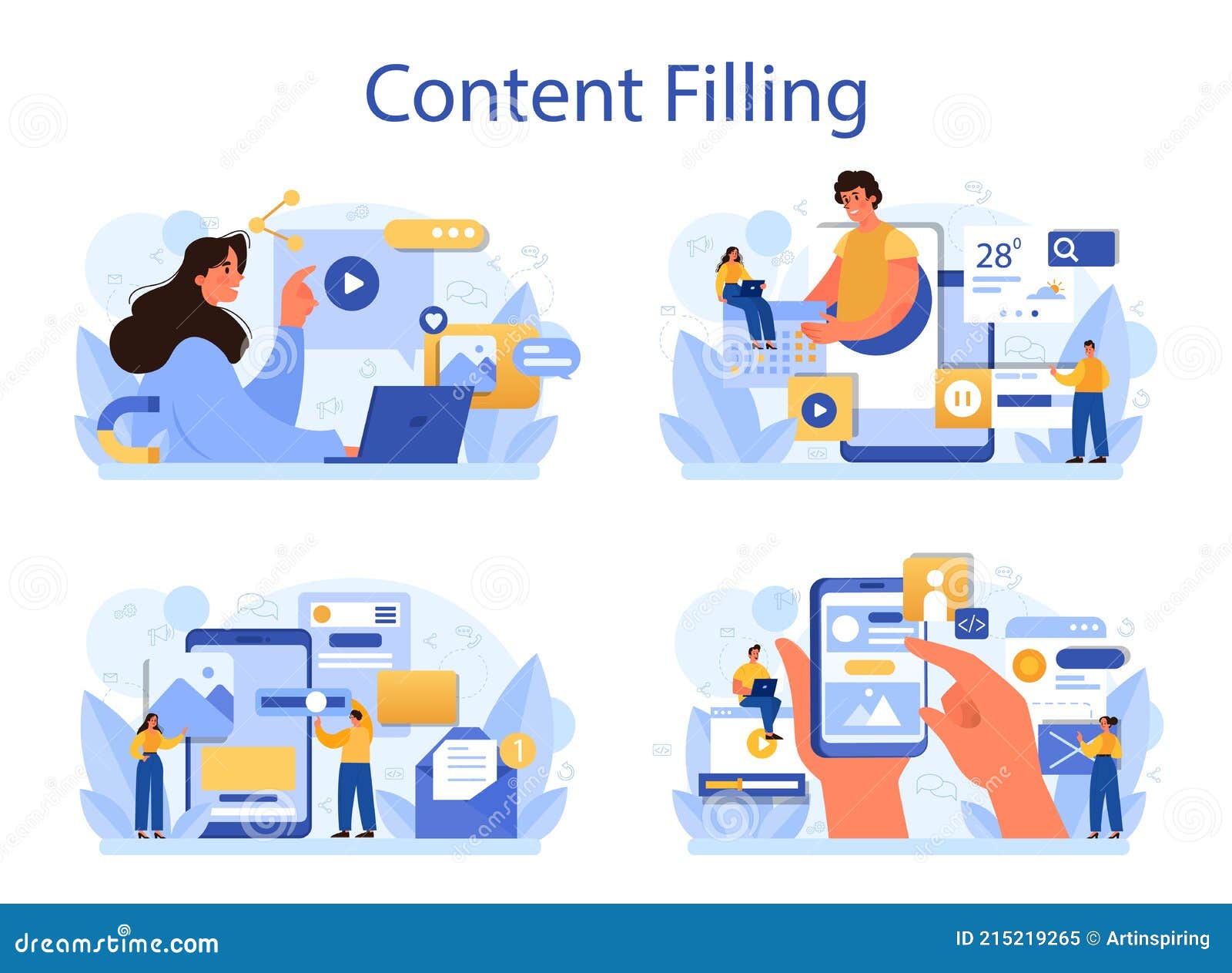 Content Filling Concept Set. Making Responsive and Viral Content Stock ...