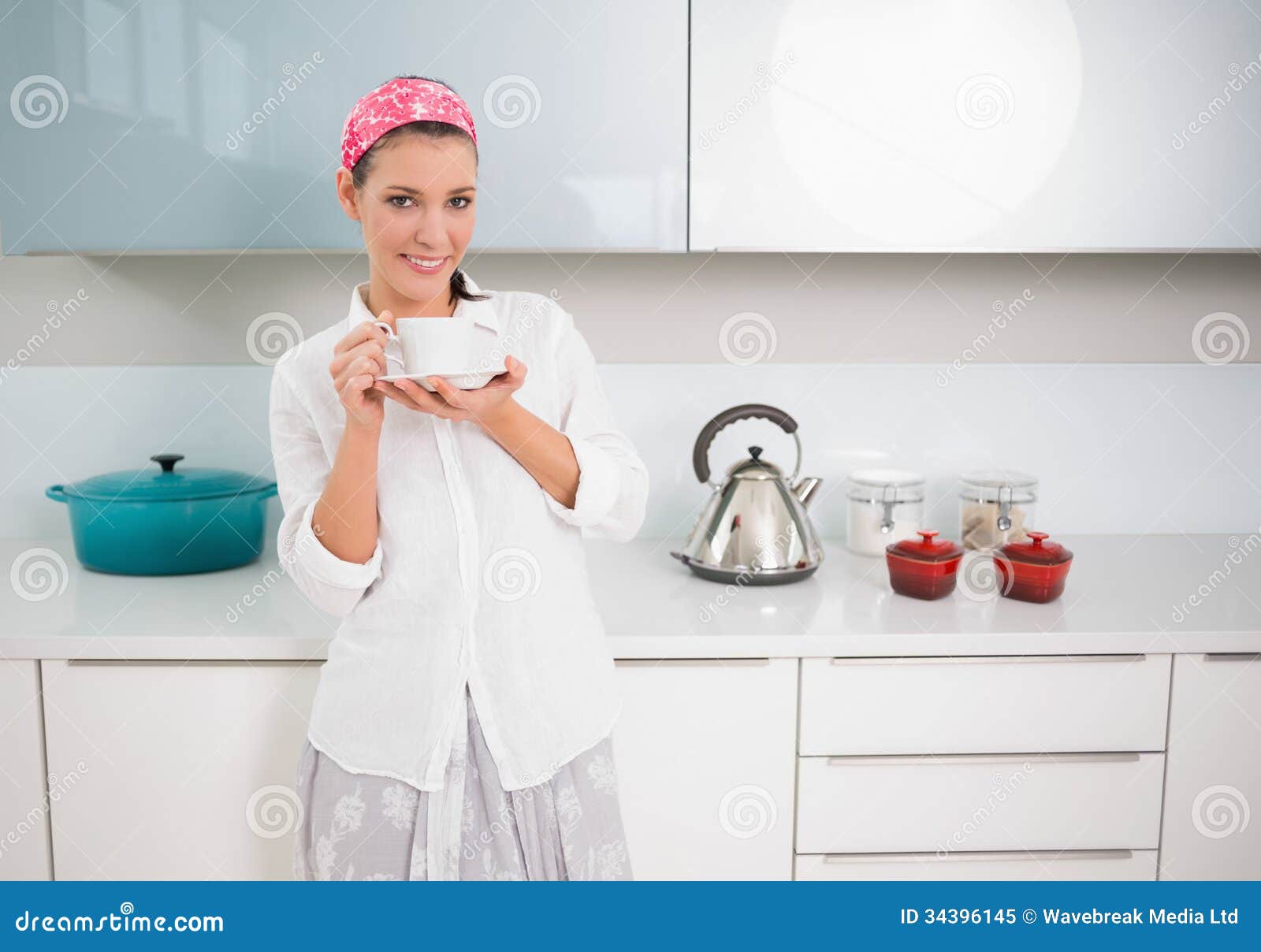 Content Gorgeous Woman Holding Tea Stock Image - Image of house ...