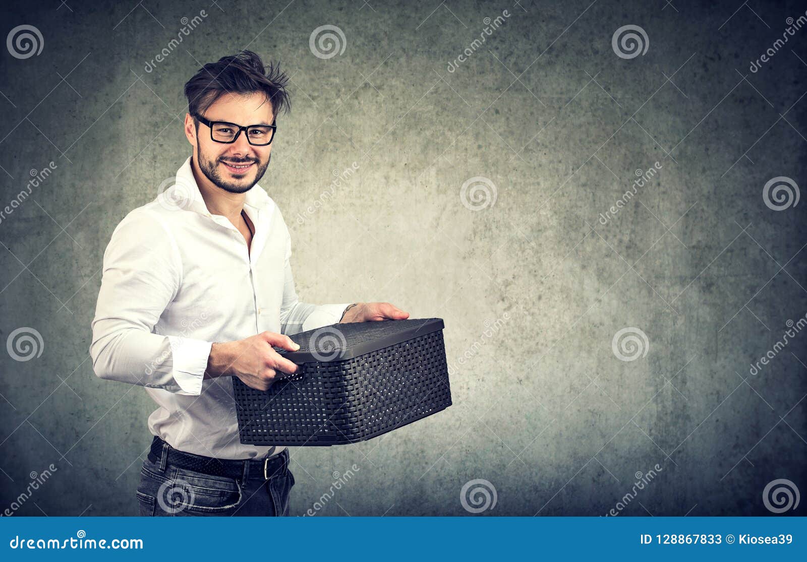 Content man with stuff box stock image. Image of consumerism - 128867833